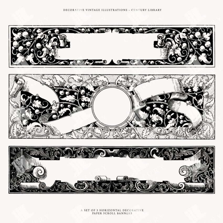 Ornate Black-and-white Scrollwork Banners with Curled Paper Ribbons and ...